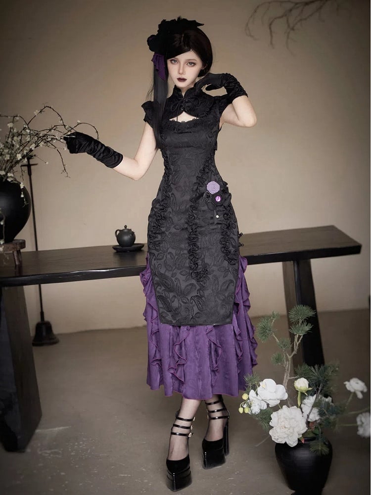 Purple Cthulhu Vibes Cascading Ruffle Trim Hem Black Jacquard Qipao Qi ...
