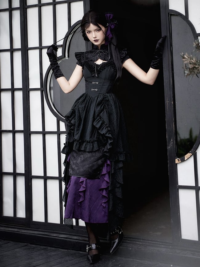 Purple Cthulhu Vibes Cascading Ruffle Trim Hem Black Jacquard Qipao Qi ...
