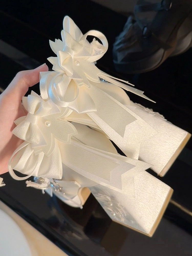 Sakura Themed White Lolita Heels - Satin Platform High Block Heels with ...