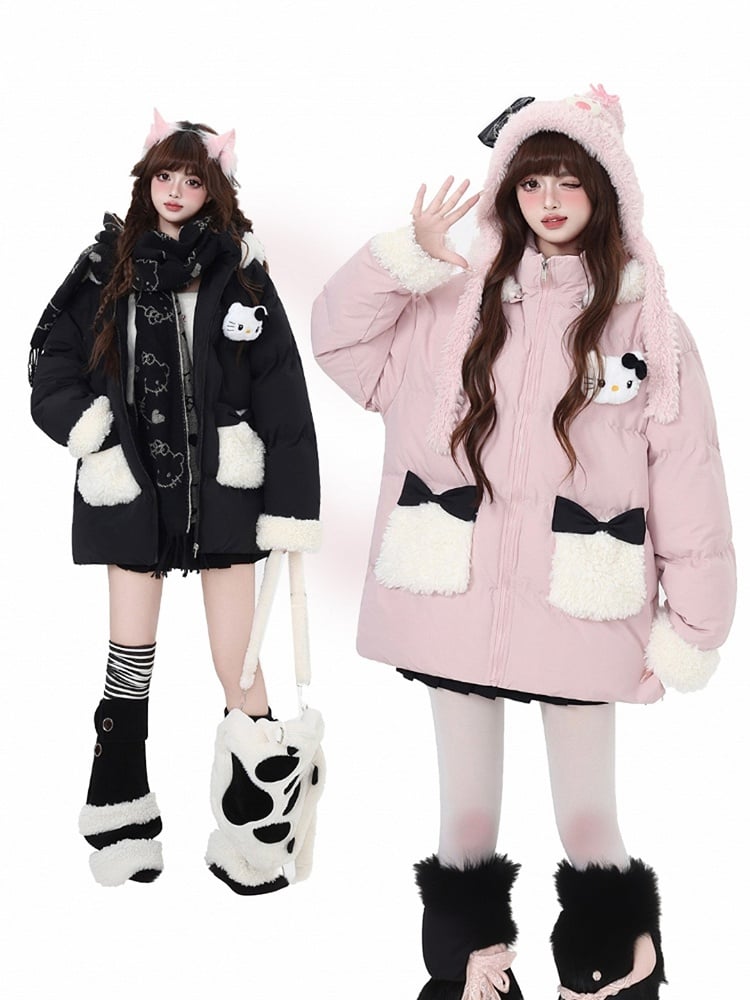 Black Pink Detachable Hood Plush Trim Thick Coat – LilyVow