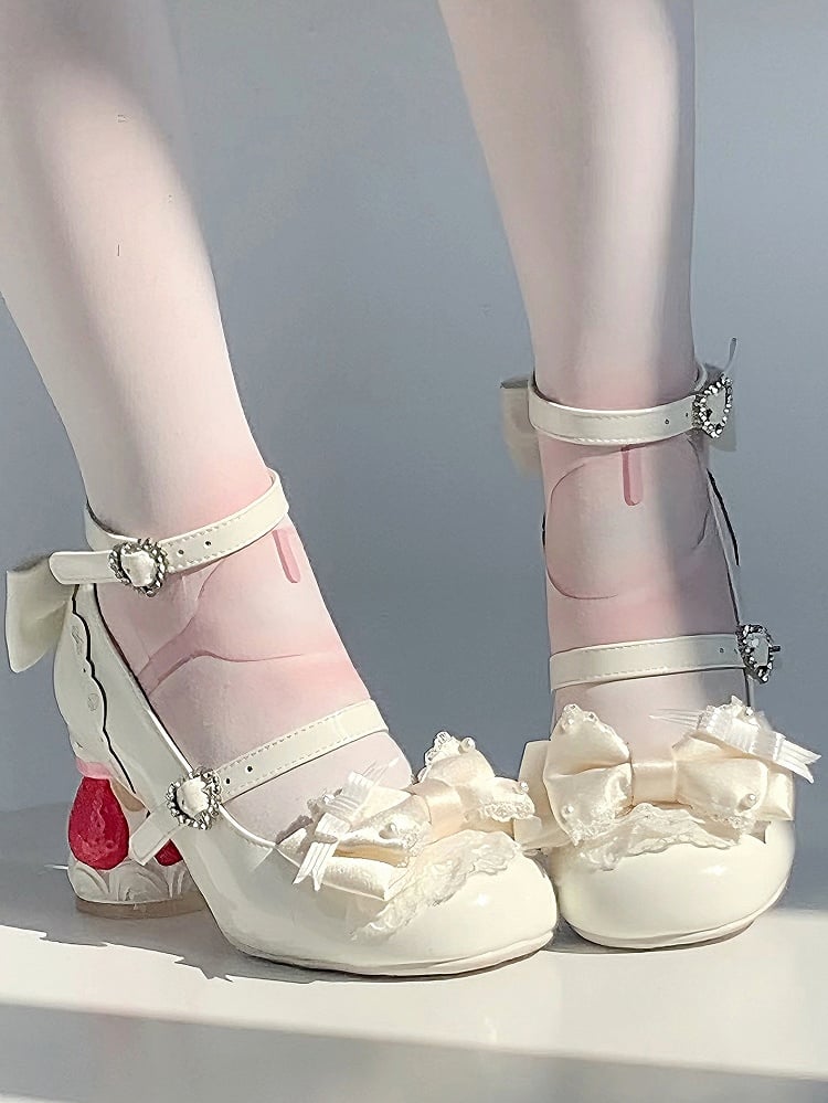 Mid-Heel White Sweet Mary Janes in PU - Patisserie Inspired Heel, Bow ...