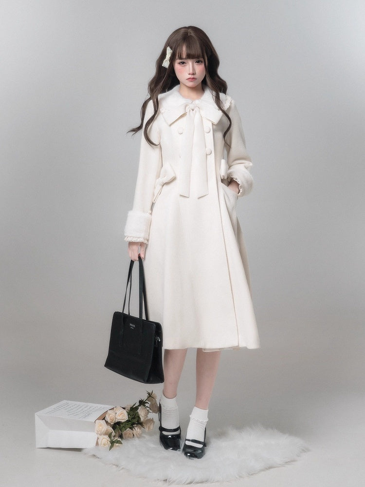 Pure-Style White Jirai Kei Wool Coat with Removable Waist Bowknot Decor ...