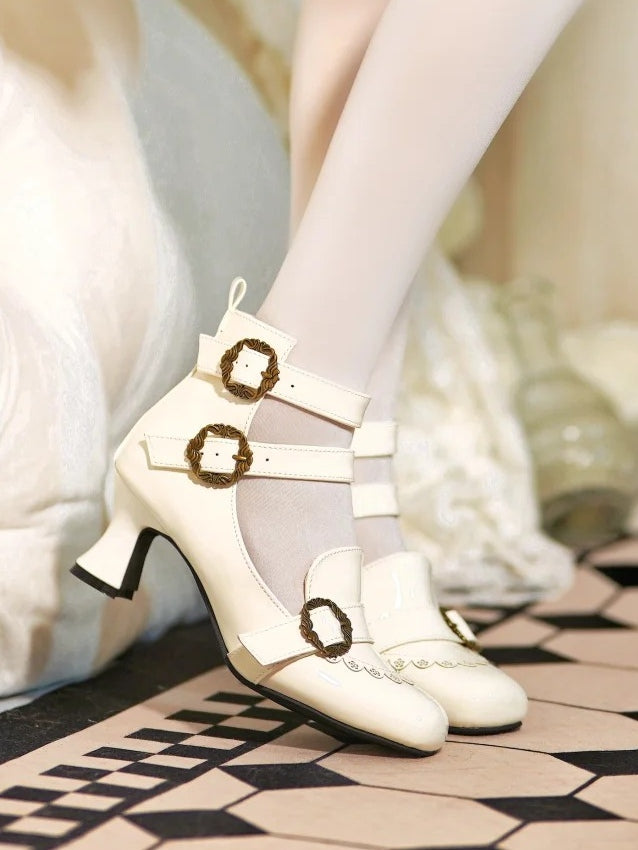 Mid-Heel Creamy White Elegant Lolita Mary Janes - Three-Strap Closure ...