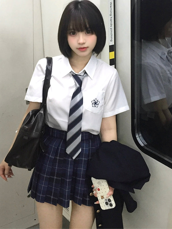 White/Gray/Blue Preppy Style Sakura Embroidery Shirt – LilyVow