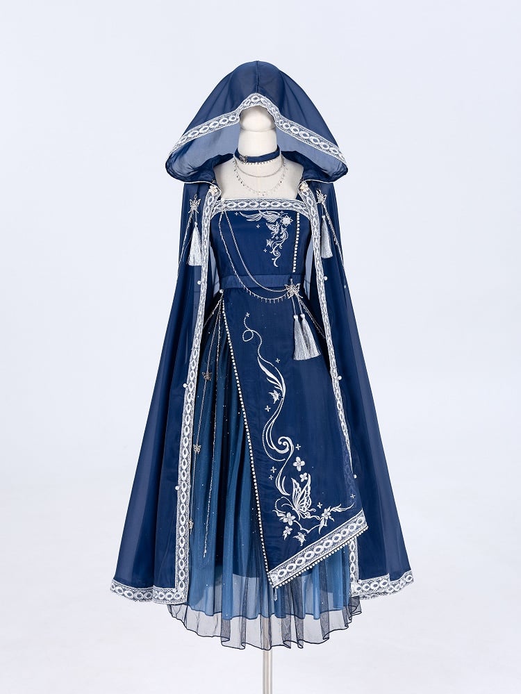 Dreamy Starry Night Dark Blue Butterfly Embroidery Long Dress + Cloak ...