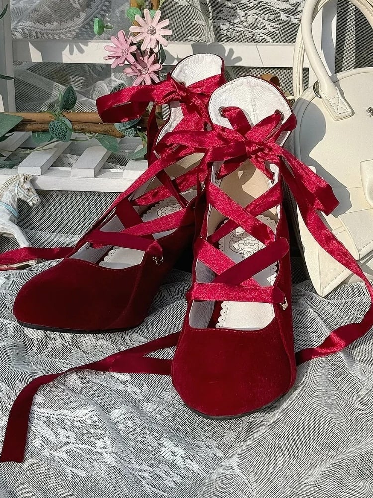 Pointed Toe Design & Lace-Up Closure Wine Red Velvet Shoes in Classic ...