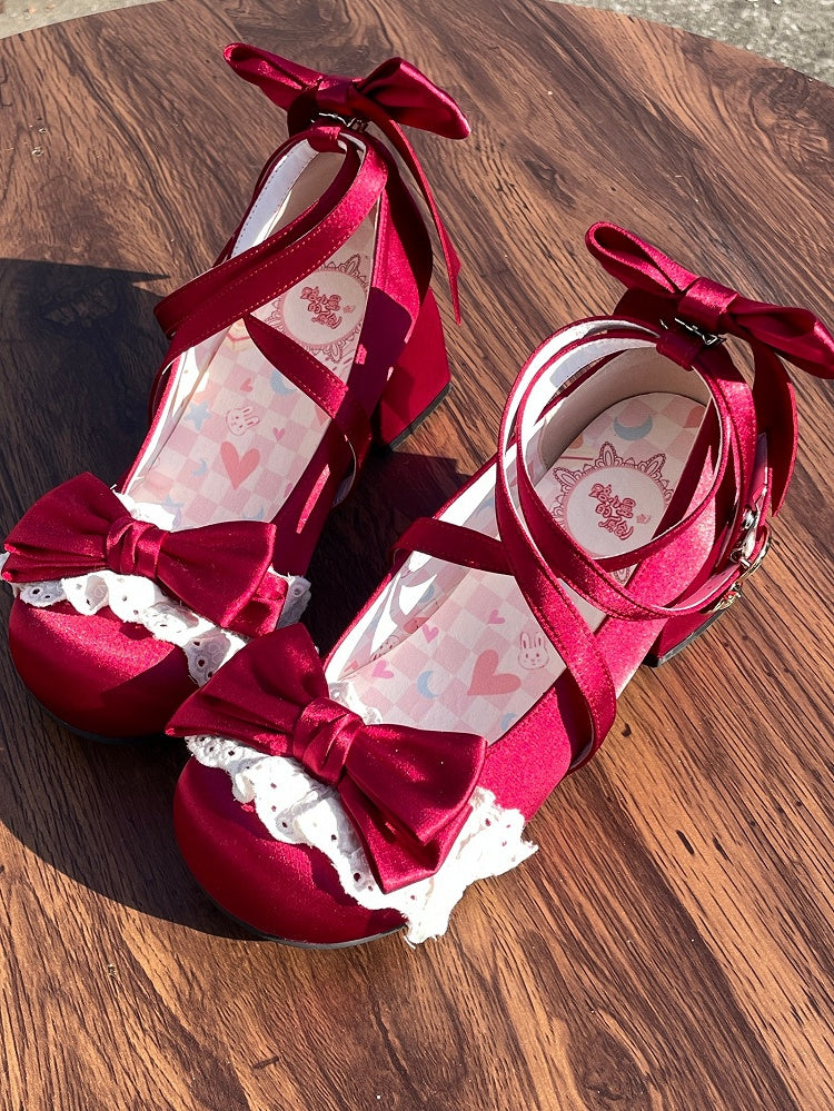Satin Wine Red Hime Lolita Mary Janes - Bow Details & Lace Trim with ...