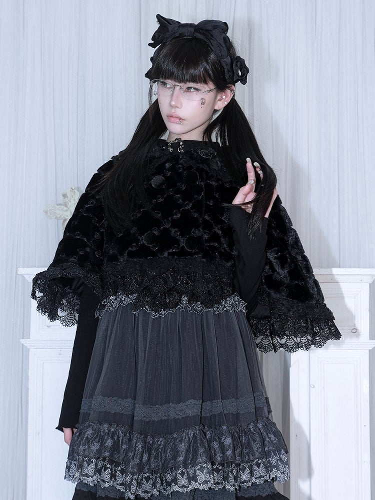 Black Gothic Peter Pan Collar Plush Cape - Lace Trim with Bow & Rose ...