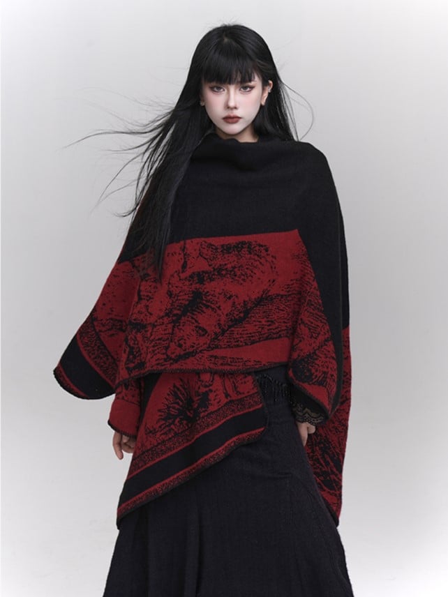 Red & Black Gothic Ethnic Illustration Poncho – LilyVow