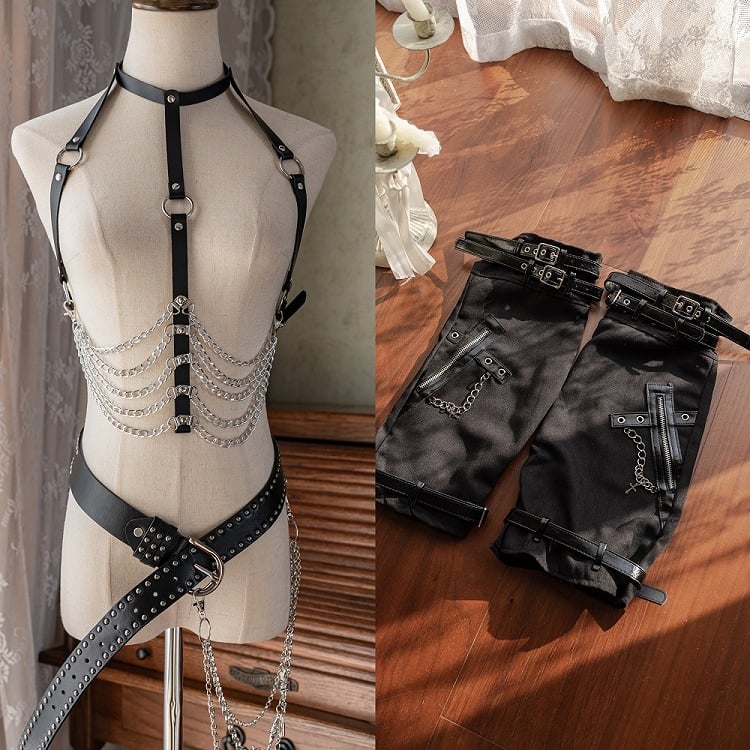 Black Harness Body Chain with Multiple Silver Chains and a Studded Belt ...
