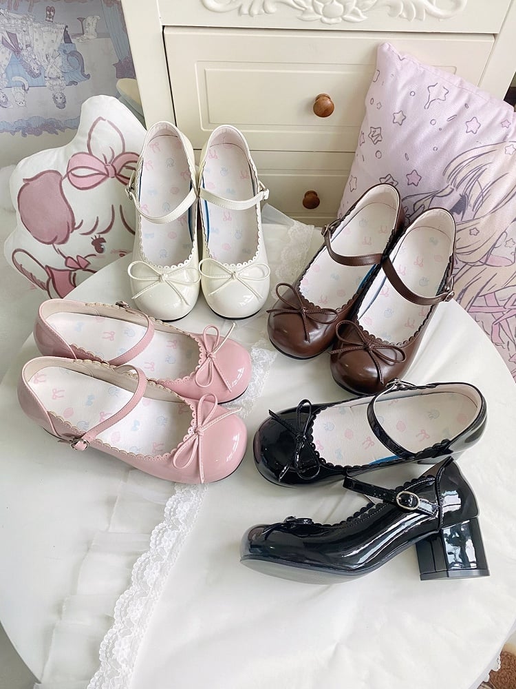 PU Wine Red Sweet Lolita 5cm Mid Heels with Snap Fastener & Scalloped ...