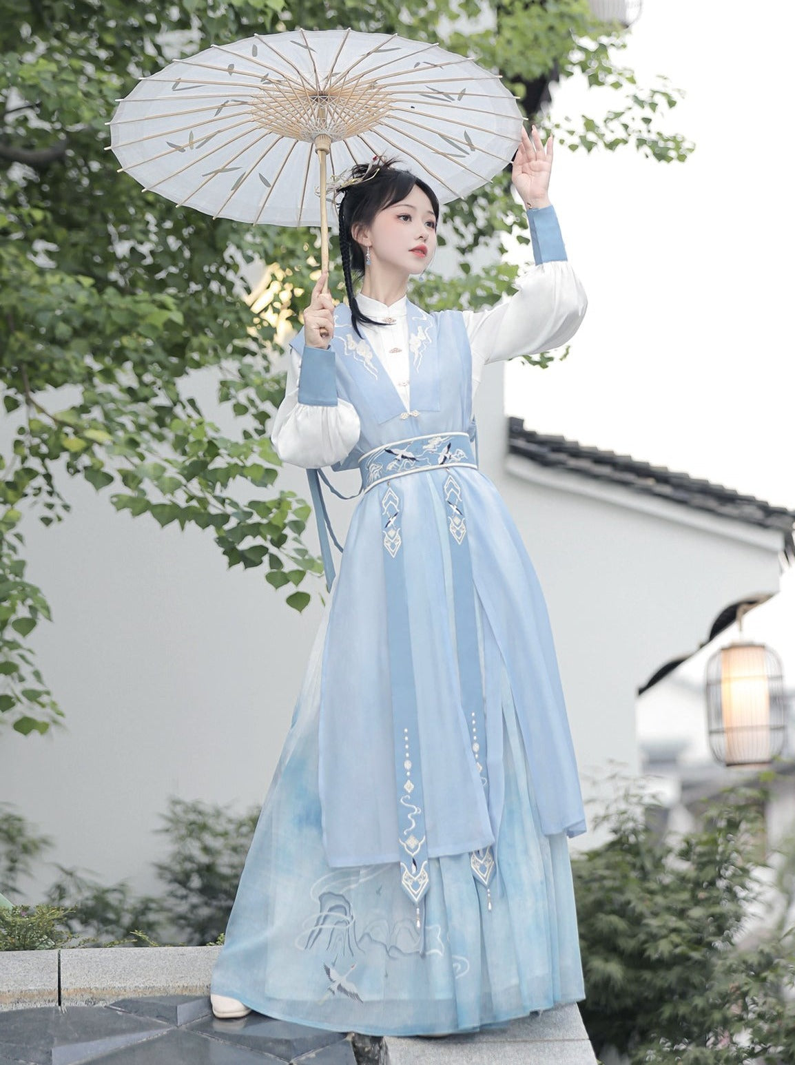 Light Blue China Skirt + Tassel Long Vest + China Blouse + China Design ...