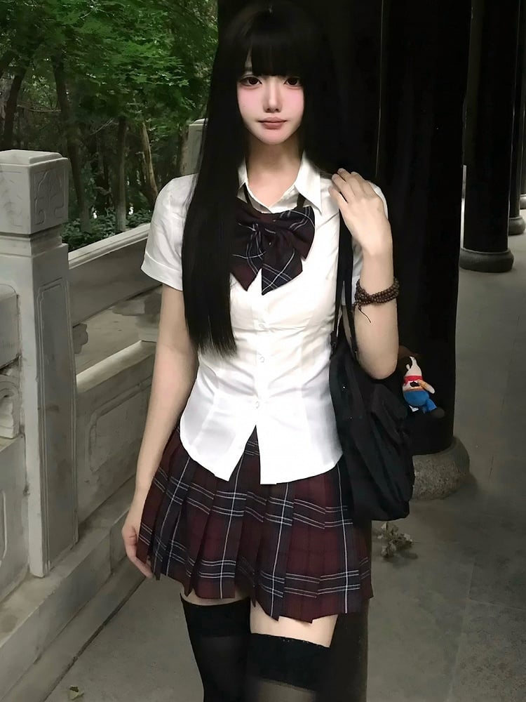 Red 42CM JK Uniform Plaid Pattern Pleated Skirt – LilyVow