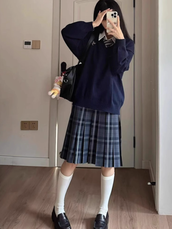 Black 55CM JK Uniform Plaid Pattern Pleated Skirt – LilyVow