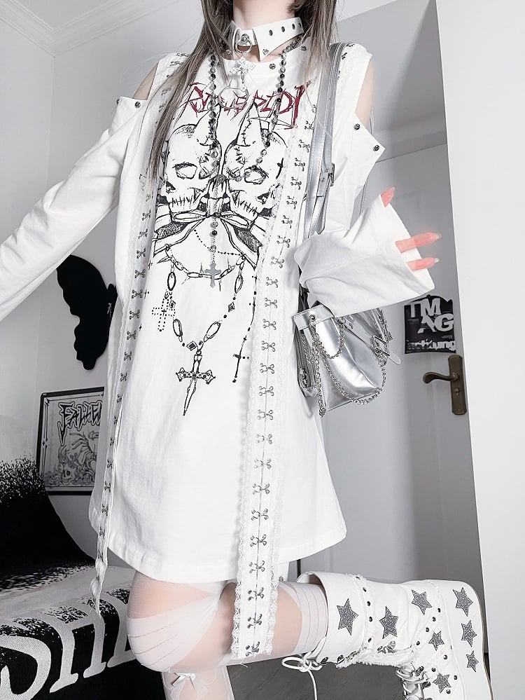White Emo Punk Cutout Shoulder Skeleton And Letter Print Long Sleeves ...