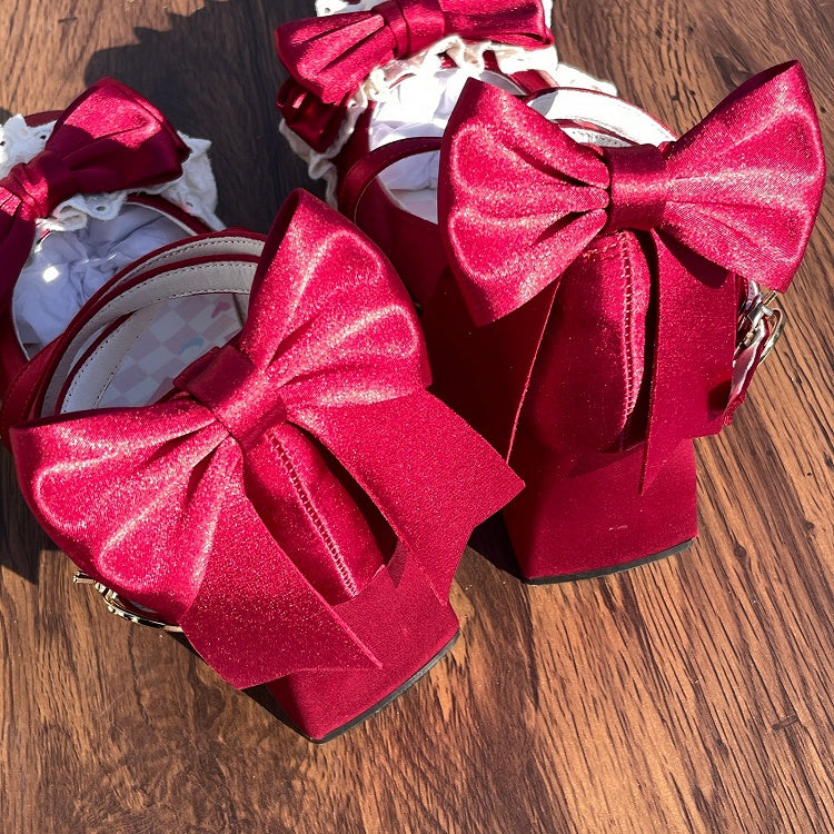 Satin Wine Red Hime Lolita Mary Janes - Bow Details & Lace Trim with ...