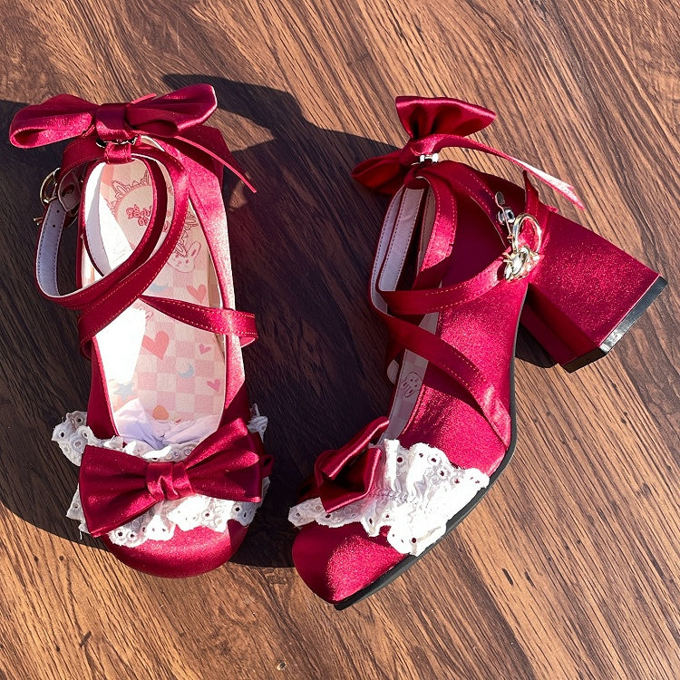 Satin Wine Red Hime Lolita Mary Janes - Bow Details & Lace Trim with ...
