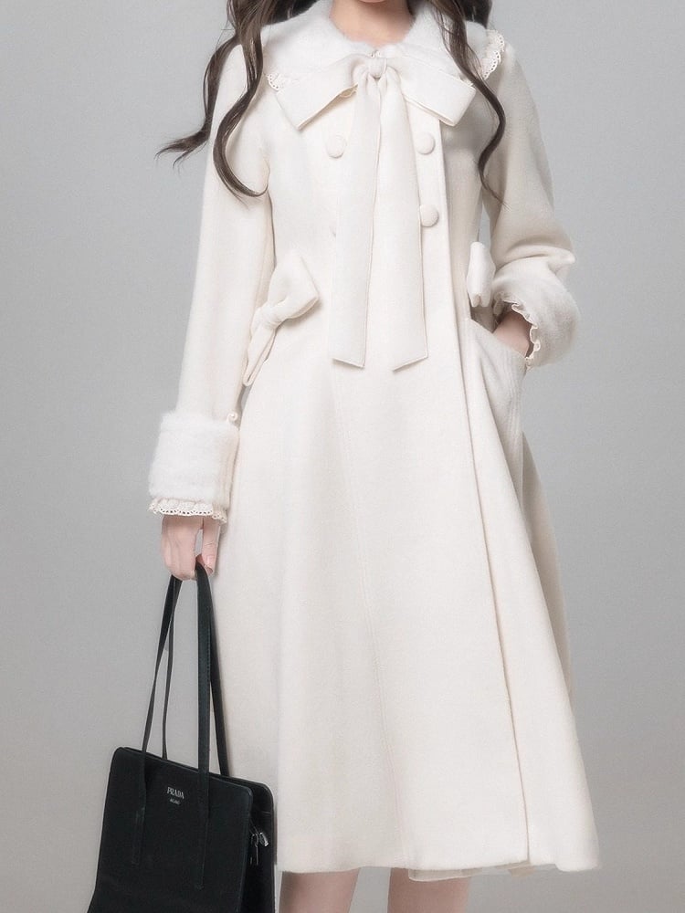 Pure-Style White Jirai Kei Wool Coat with Removable Waist Bowknot Decor ...