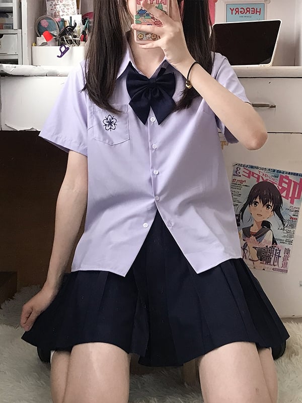 Purple Preppy Style Sakura Embroidery Shirt – LilyVow