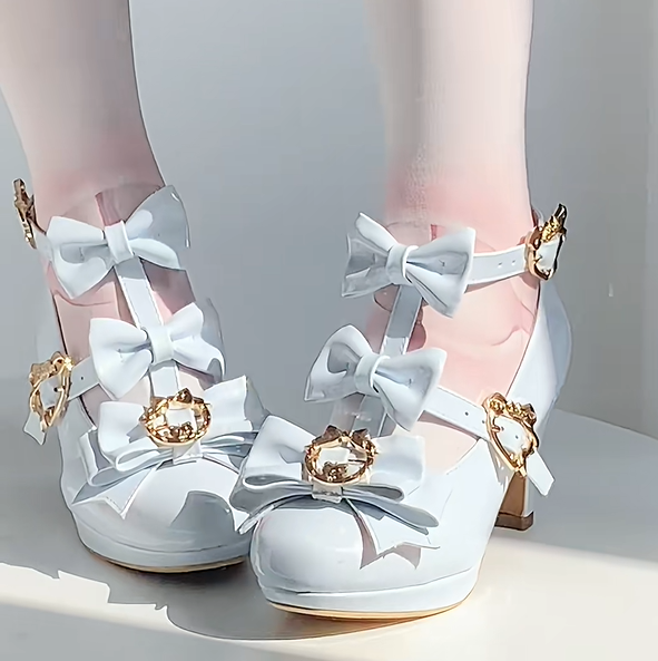 Hime Kei Light Blue Lolita High Heels with T-strap & Heart-shaped Snap ...