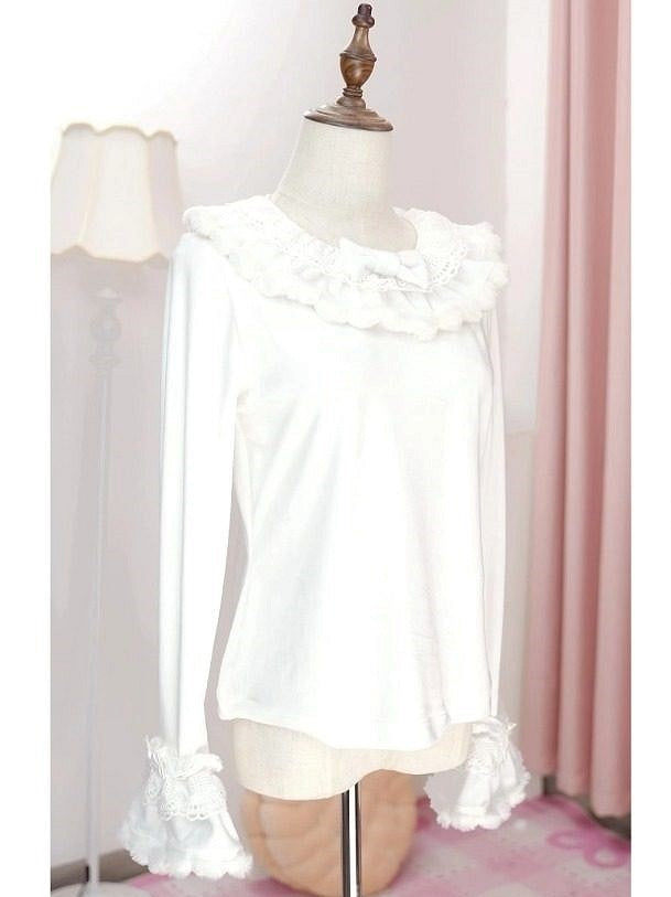 White Long-Sleeve Lolita Top with Plush Cuffs and Bow Details – LilyVow