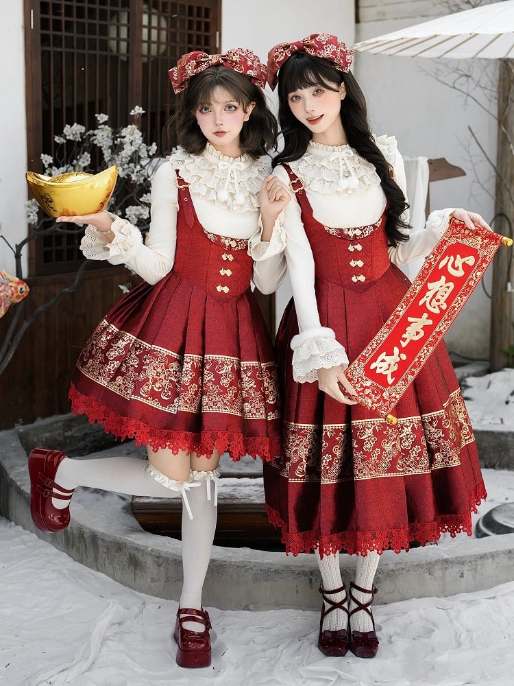 New Year Red & Gold Lolita Long Version Under Bust JSK + Beige Knit Top ...