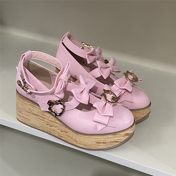Dark Pink Hime Kei Platforms with Multiple Bow Accents & PU Leather ...