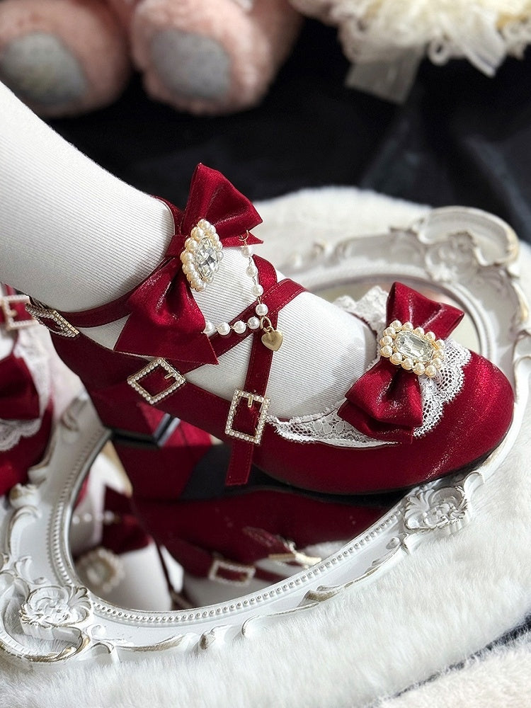 Lace Edging with Bows Decor & Heart Beaded Chain Red Mid-heel Mary Jane ...