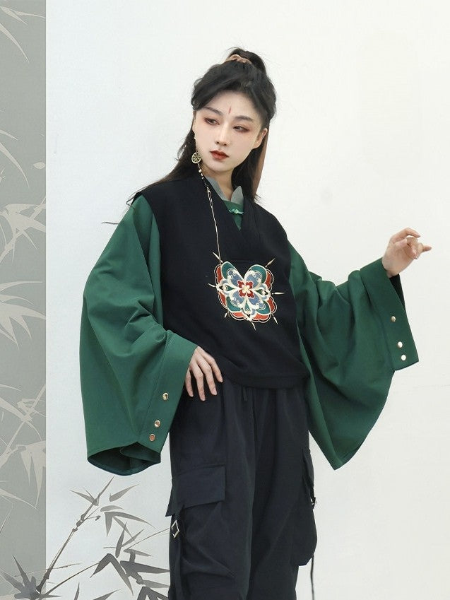 Unisex Black Chinese Style V-Neck Vest - Floral Embroidery with ...